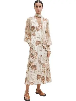 ME+EM Hydrangea Print Maxi Shirt Dress With Tie - Light Cream/tan/multi