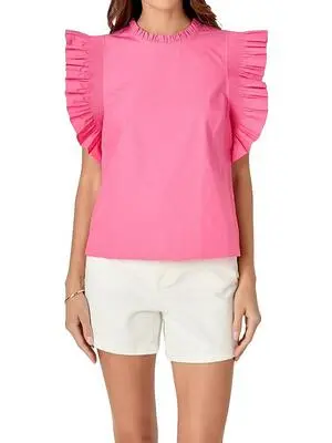 English Factory Ruffle Sleeve Poplin Top - Fuchsia