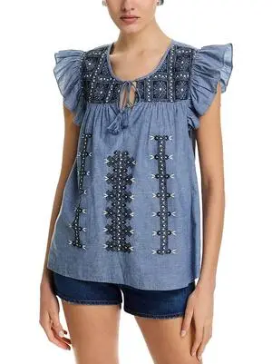 AREA STARS Embroidered Ruffle Top - Blue