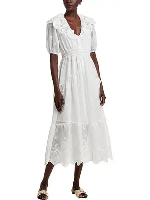 Aqua Embroidered Ruffle Short Sleeve Maxi Dress - Ivory