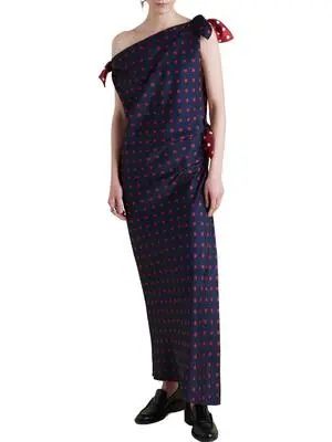 Marina Moscone Marina Moscone Tabard Tie Dress In Silk Twill With Abstract Floral Motif Navy/maroon