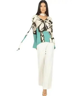 SECRET PON-PON Silk Double Georgette Blouse - Cyan Green Abstract Floral
