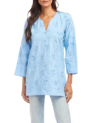 Karen Kane Floral Embroidered Cotton Tunic Top - Lake