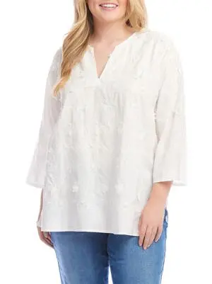 Karen Kane Floral Embroidered Cotton Tunic Top - Off White