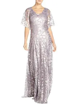 Maggy London Camilla Sequin Flutter Sleeve Gown - Grey Ridge