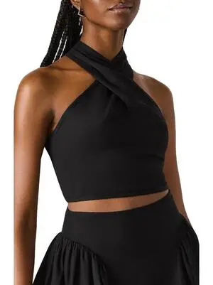 Steve Madden Winnie Twist Neck Crop Linen-Blend Top Black