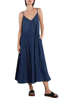 WASH LAB DENIM Felicity Flounce Tiered Denim Dress - Dark Blue Wash