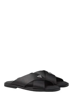 Prada Saffiano Leather Crisscross Slides - Black