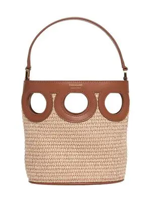 FERRAGAMO Gancini Frame Raffia Bucket Bag - Beige