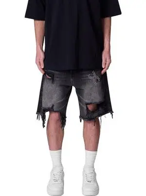Mnml Distressed Spider Denim Shorts - Washed Black