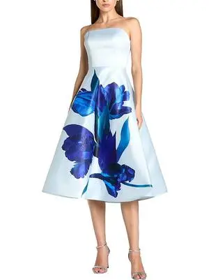 Mac Duggal Strapless Satin Midi Dress With Floral Print - Blue Multi
