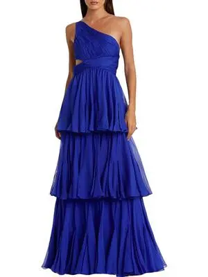Mac Duggal One-shoulder Tiered Chiffon Gown - Cobalt