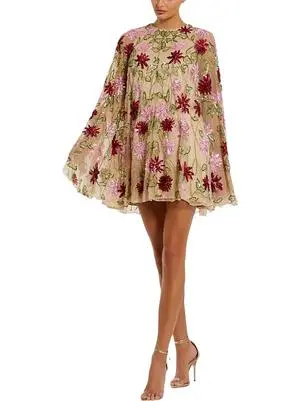 Mac Duggal Floral Beaded Mesh Shawl Mini Dress - Nude Multi
