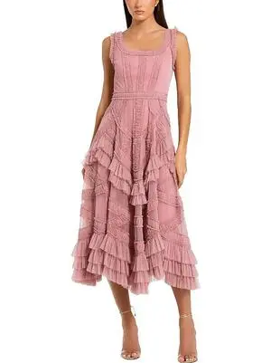 Mac Duggal Sleeveless Mesh Ruffle Midi Dress - Antique Rose