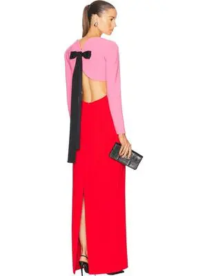 Carolina Herrera Long Sleeve Column Gown In Colorblock - Red & Pink