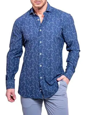 MACEOO Einstein Print Button-up Shirt - Blue