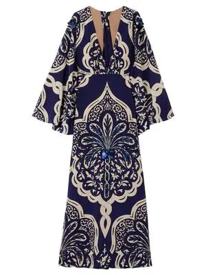 Johanna Ortiz Cape-effect Embellished Printed Silk-crepe Maxi Dress - Blue