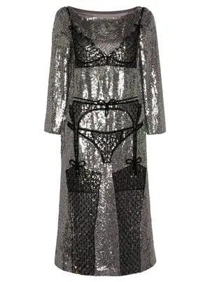 WIEDERHOEFT Lingerie Beaded Sequin Midi Dress - Silver