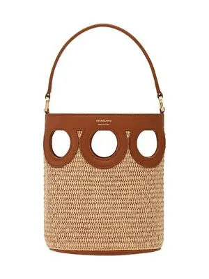 FERRAGAMO Gancini Frame Raffia Bucket Bag - Naturale