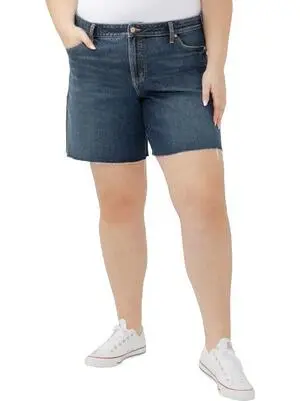 SILVER JEANS CO. Suki Curvy Raw Hem Mid Thigh Denim Shorts - Brooks