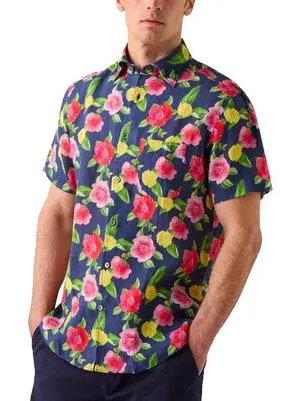Robert Talbott Morgan Printed Linen Short Sleeve Shirt - Navy