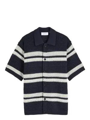 LES DEUX Gianni Striped-intarsia Knitted Shirt - Navy