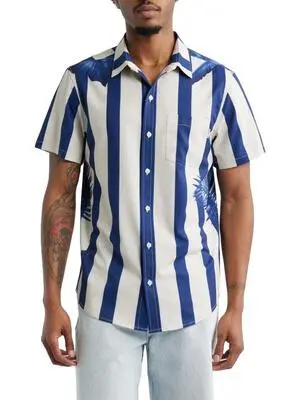 MAVRANS Stripe Palm Frond Short Sleeve Performance Button-up Shirt - Blue