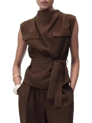 Mango Drape Tie Belt Sleeveless Top - Chocolate