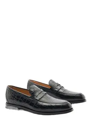 SCAROSSO Stefano Penny Loafers - Black - Croco-printed Calf