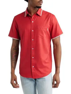 MAVRANS Weekend Crochet Trim Short Sleeve Performance Button-up Shirt - Red