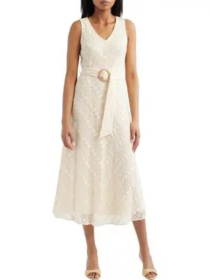 Anne Klein Embroidered Belted Sleeveless Midi Dress - Light Dune