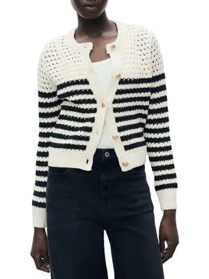 Mango Stripe Openwork Cardigan Navy