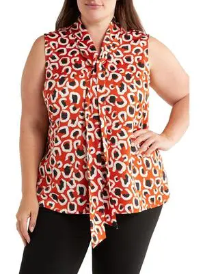 TAHARI ASL Bow Neck Sleeveless Top - Persimmon Leopard