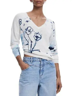 DESIGUAL Floral V-Neck Sweater