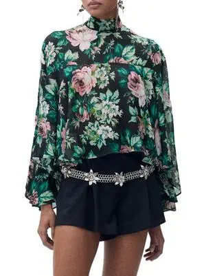 MANGO Floral Print Tie-Neck Blouse