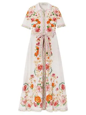MARY KATRANTZOU Como Belted Floral-print Cotton-poplin Midi Shirt Dress - Pink