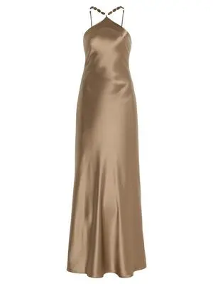 Staud Cadence Beaded Satin Maxi Slip Dress - Brown