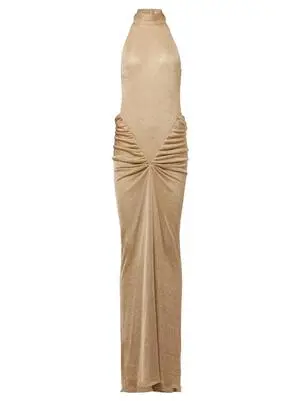 THE NEW ARRIVALS ILKYAZ OZEL Cass Ruched Halterneck Lamé Gown - Gold