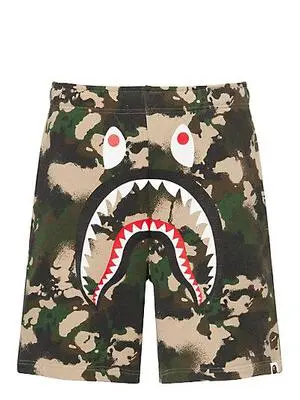 A BATHING APE Shark-graphic Camo Cotton-jersey Sweat Shorts - Green