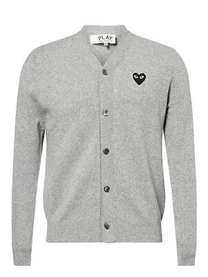 Play Comme Des Garcon Logo-embroidered V-neck Wool Cardigan - Light Grey