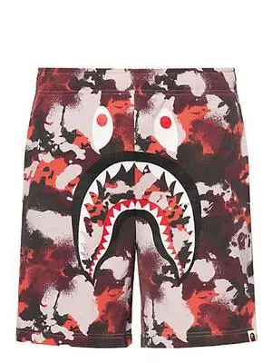 A BATHING APE Shark-graphic Camo Cotton-jersey Sweat Shorts - Red