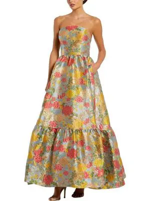 Mac Duggal Strapless Floral Brocade Gown With Ruffle Hem - Turquoise Multi