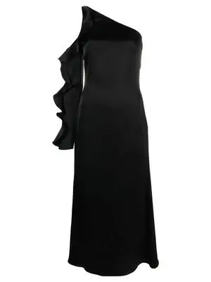 David Koma Ruffle Detail One Shoulder Midi Dress - Black