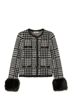 TWINSET Checked Knit Jacket With Faux Fur Cuffs Neve Nero