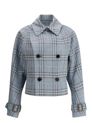 Burberry Check Pattern Buttoned Jacket Blue