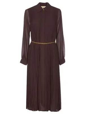 Michael Kors Pleated Long Sleeve Dress With Chain Belt Brown