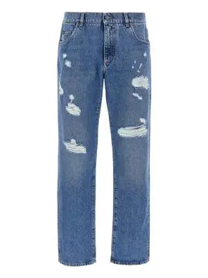 Dolce & Gabbana Cotton Denim Jeans With Destroyed Details - Blue