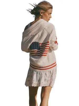 Maeve Maeve Shawl Collar American Flag Cardigan Sweater Red Pattern