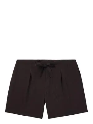 STOFFA Straight-leg Pleated Wool-seersucker Shorts - Brown
