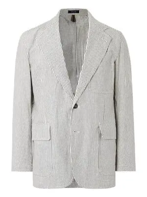 DRAKE'S Striped Cotton And Linen-blend Blazer - Blue